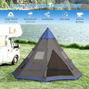 Outsunny 12Ft Camping Tent 6-7 Person 4 Season with 8 Mesh Windows, Outdoor Teepee Tent with Waterproof Material for Family and Friends Camping