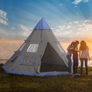 Outsunny 12Ft Camping Tent 6-7 Person 4 Season with 8 Mesh Windows, Outdoor Teepee Tent with Waterproof Material for Family and Friends Camping