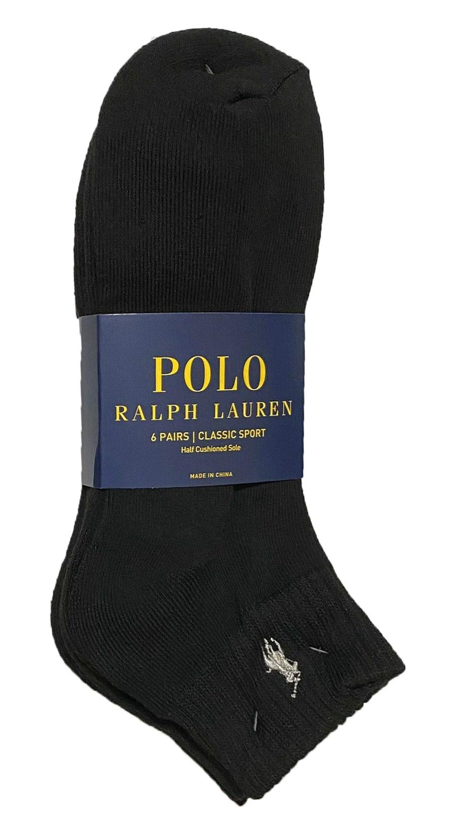 Ralph Lauren Polo Classic Sport 6 Pack half Cushioned sole Men's Socks (Black with Silver Horse)