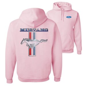 wild bobby ford mustang classic pony usa logo emblem cars and trucks front and back unisex graphic hoodie sweatshirt, light pink, x-large