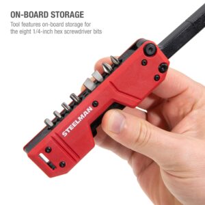 Steelman 10-In-1 Multi-Tip Folding Magnetic Pocket Screwdriver with Carrying Clip and Bottle Opener, Includes 3/16" and 1/4" Slotted, PH1, PH2, T15, T20, S1 and S2 Bits