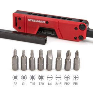 Steelman 10-In-1 Multi-Tip Folding Magnetic Pocket Screwdriver with Carrying Clip and Bottle Opener, Includes 3/16" and 1/4" Slotted, PH1, PH2, T15, T20, S1 and S2 Bits