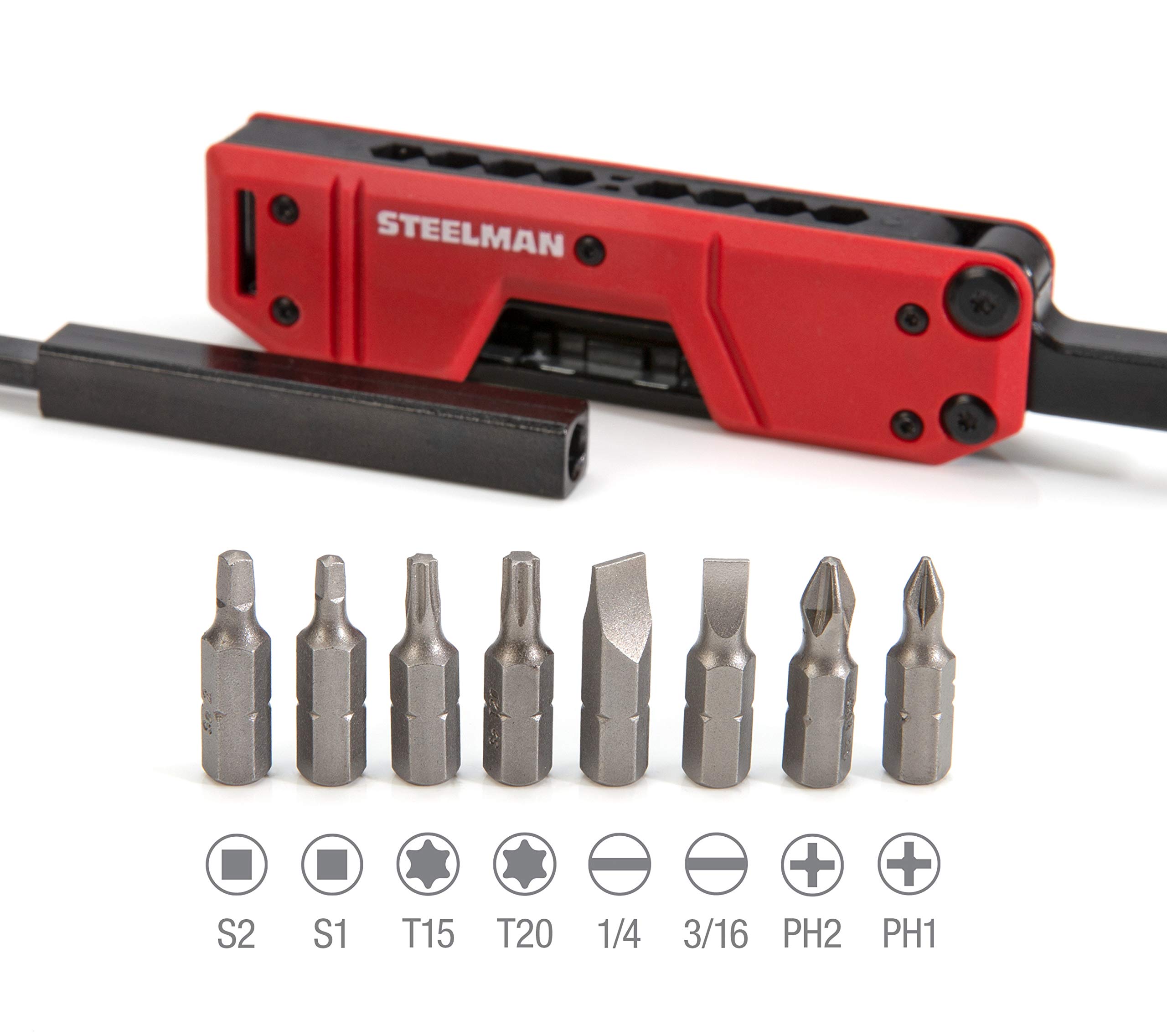 Steelman 10-In-1 Multi-Tip Folding Magnetic Pocket Screwdriver with Carrying Clip and Bottle Opener, Includes 3/16" and 1/4" Slotted, PH1, PH2, T15, T20, S1 and S2 Bits