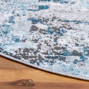 Rugs.com Leipzig Collection Round Rug – 7 Ft Round Blue Low-Pile Rug Perfect for Kitchens, Dining Rooms