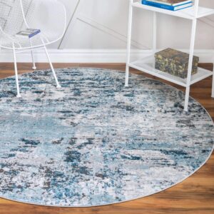 Rugs.com Leipzig Collection Round Rug – 7 Ft Round Blue Low-Pile Rug Perfect for Kitchens, Dining Rooms