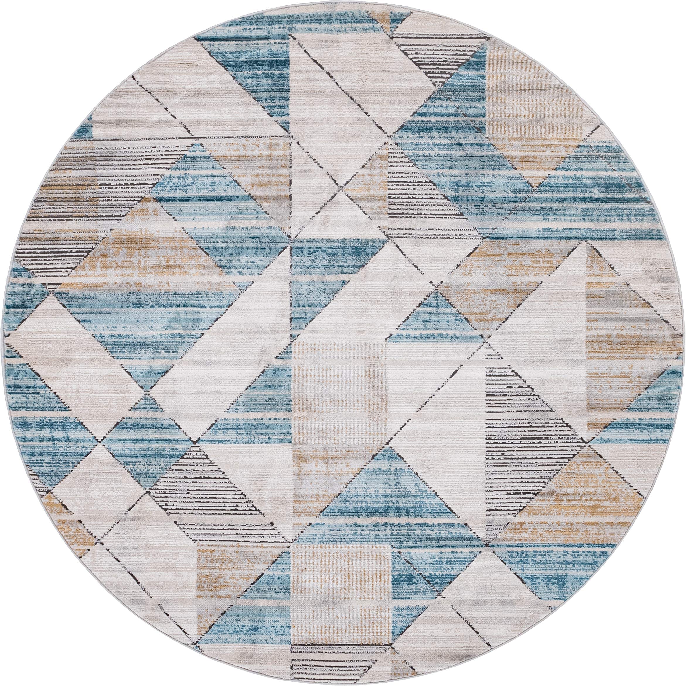 Rugs.com Leipzig Collection Round Rug – 7 Ft Round Blue Low-Pile Rug Perfect for Kitchens, Dining Rooms