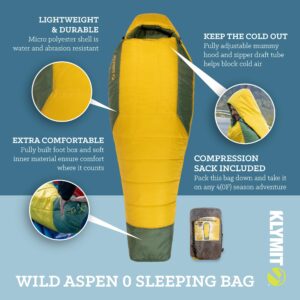 Klymit Wild Aspen Lightweight Mummy Sleeping Bag, Cold Weather Sleeping Bag for Camping, Hiking, and Backpacking, Yellow