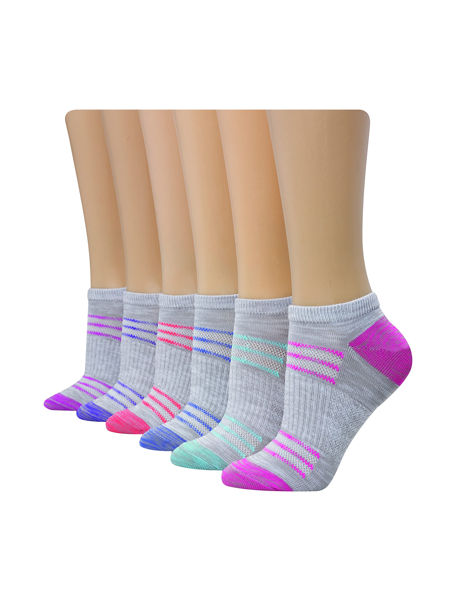 Hanes womens Performance Cool Compression No Show 6 Pair Pack Casual Sock, Grey/Purple/Pink Design, 5 US