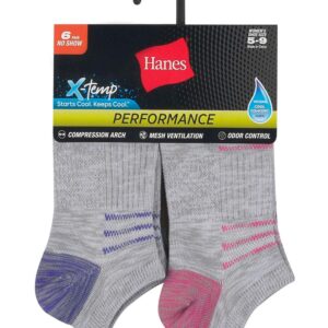 Hanes womens Performance Cool Compression No Show 6 Pair Pack Casual Sock, Grey/Purple/Pink Design, 5 US