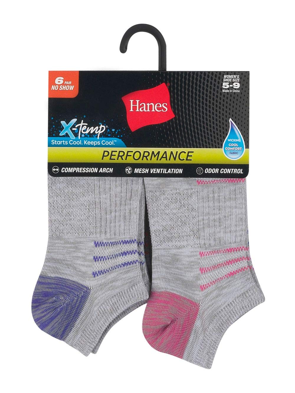 Hanes womens Performance Cool Compression No Show 6 Pair Pack Casual Sock, Grey/Purple/Pink Design, 5 US