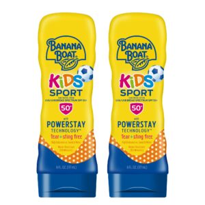 banana boat kids sport sunscreen lotion spf 50 twin pack | tear free sunscreen for kids, childrens sunscreen, kids sunblock, lotion sunscreen, oxybenzone free sunscreen spf 50, 6oz each