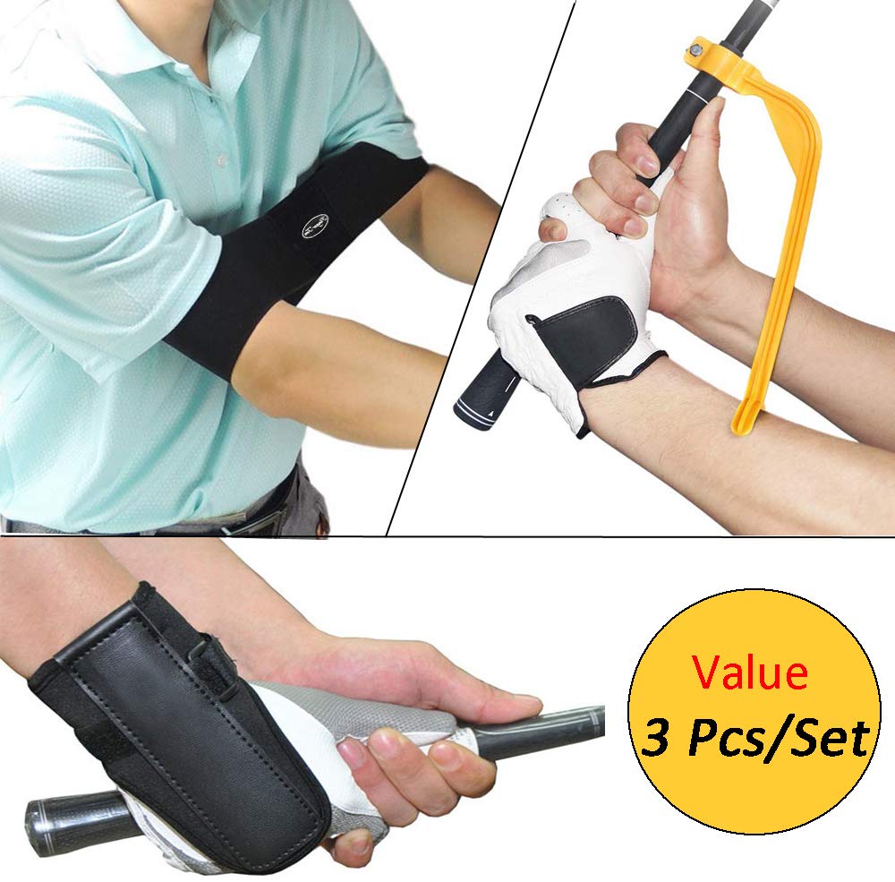 Amy Sport Golf Swing Training Aid Arm Band Yellow Trainer Wrist Support Value 3 Pack Professional Posture Motion Correction Aids Kit for Men Women Beginner Practice(3 Pack Golf Swing Trainer Set)