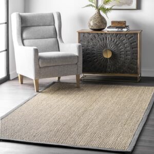 nuloom 8x10 elijah seagrass area rug, dark grey, solid farmhouse style, cotton bordered, basketweave, natural fiber, for bedroom, dining room, living room, hallway, office, kitchen, entryway