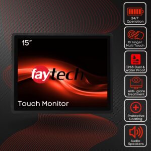 faytech 15" High Brightness Capacitive IP65 Touch Screen Monitor – Ideal for Industrial and Outdoor Applications in Harsh Environments