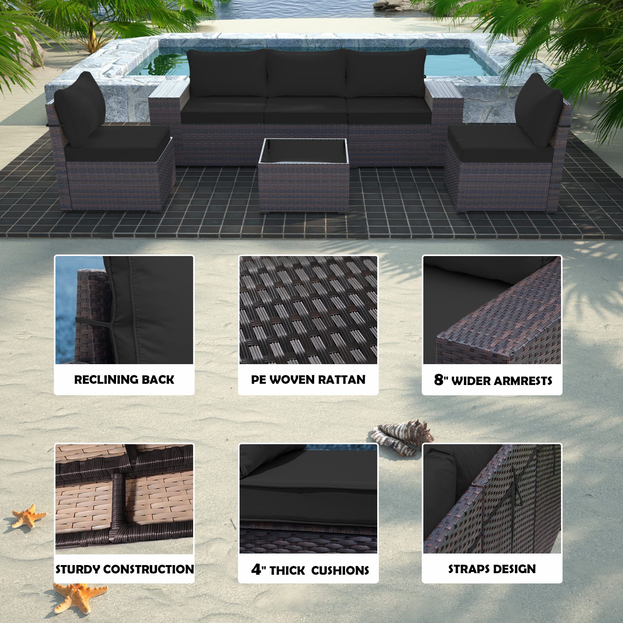 Gotland 7 Piece Outdoor Patio Furniture Sets All-Weather Outdoor Sectional Furniture PE Wicker Patio Sofa Backyard Deck Couch Conversation Chair Set with Coffee Table & 6 Thickened Cushions (Brown)