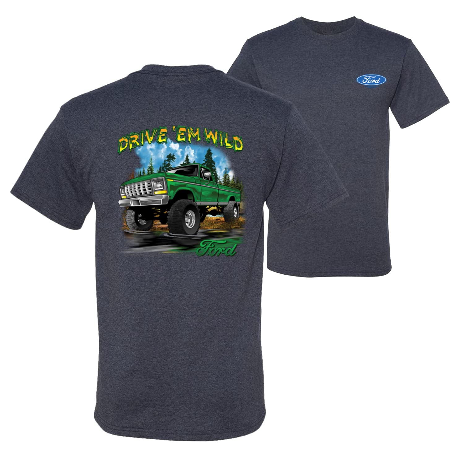 Drive 'Em Wild Green 1970 Ford Bronco Cars and Trucks Front and Back Men's Graphic T-Shirt, Vintage Heather Navy, XX-Large