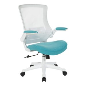 office star ventilated white screen back manager's office chair with padded color flip arms with white nylon base, linen turquoise fabric