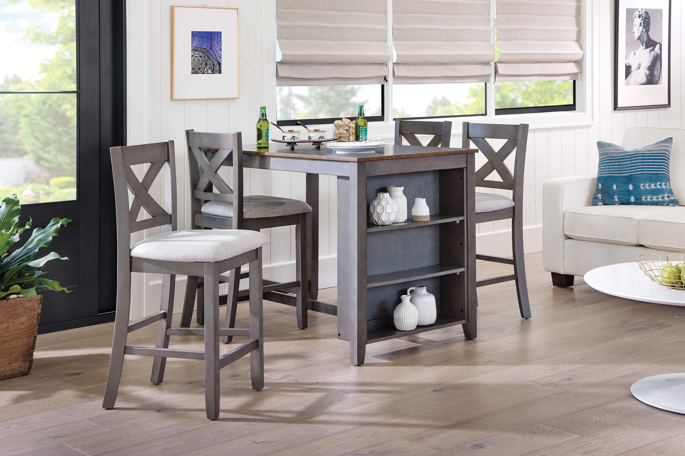 OSP Home Furnishings Century Dining Set Includes Table with Built-in Storage Shelves and 4 Stools, Slate Grey Finish