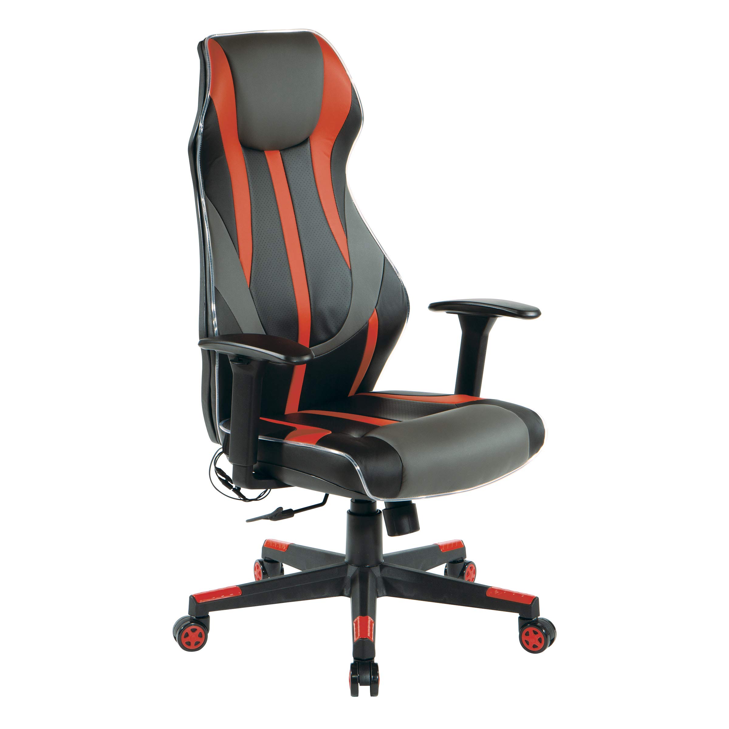 OSP Home Furnishings Gigabyte High-Back LED Lit Gaming Chair, Black Faux Leather with Red Trim and Accents