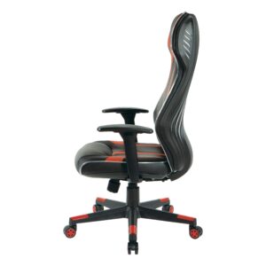 OSP Home Furnishings Gigabyte High-Back LED Lit Gaming Chair, Black Faux Leather with Red Trim and Accents