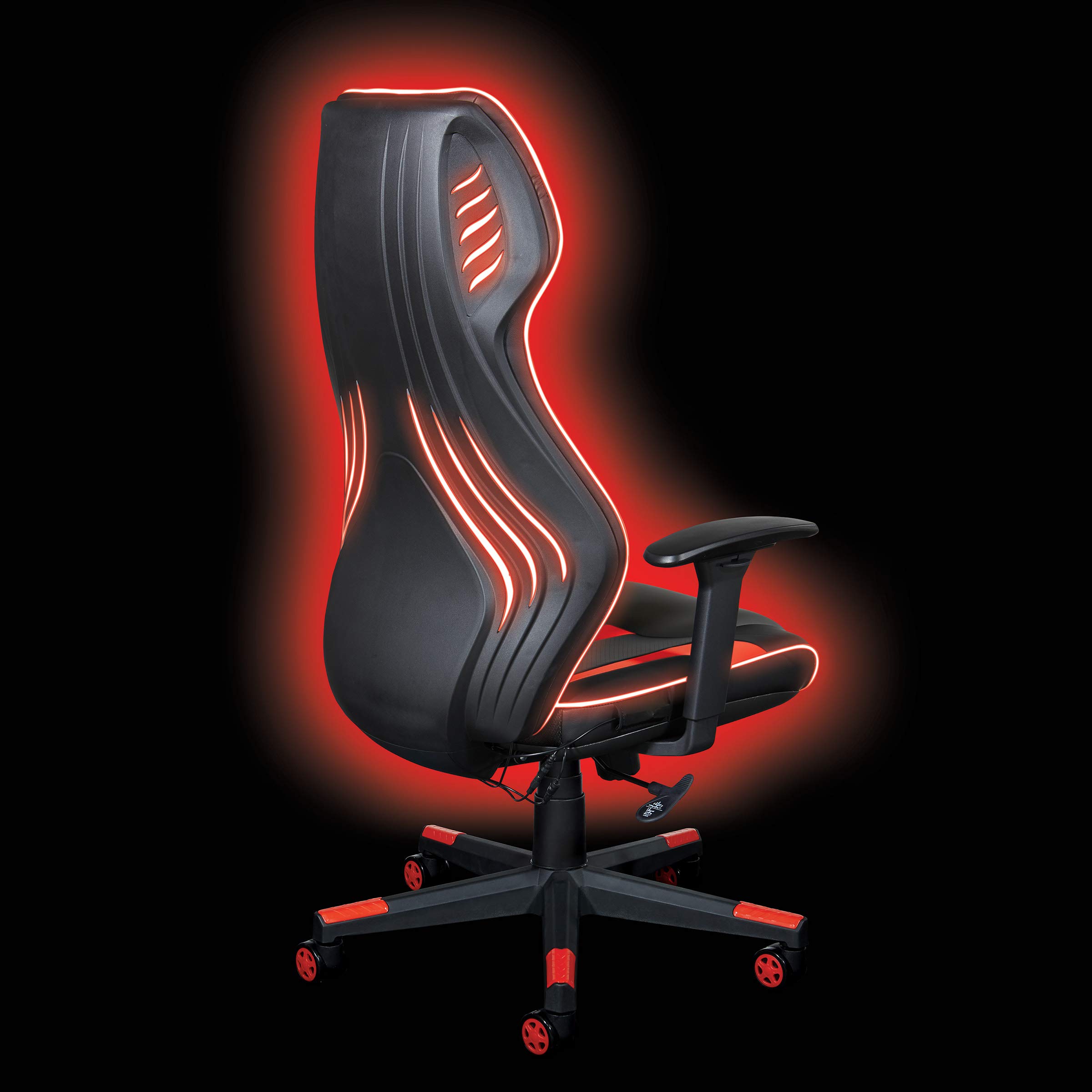 OSP Home Furnishings Gigabyte High-Back LED Lit Gaming Chair, Black Faux Leather with Red Trim and Accents