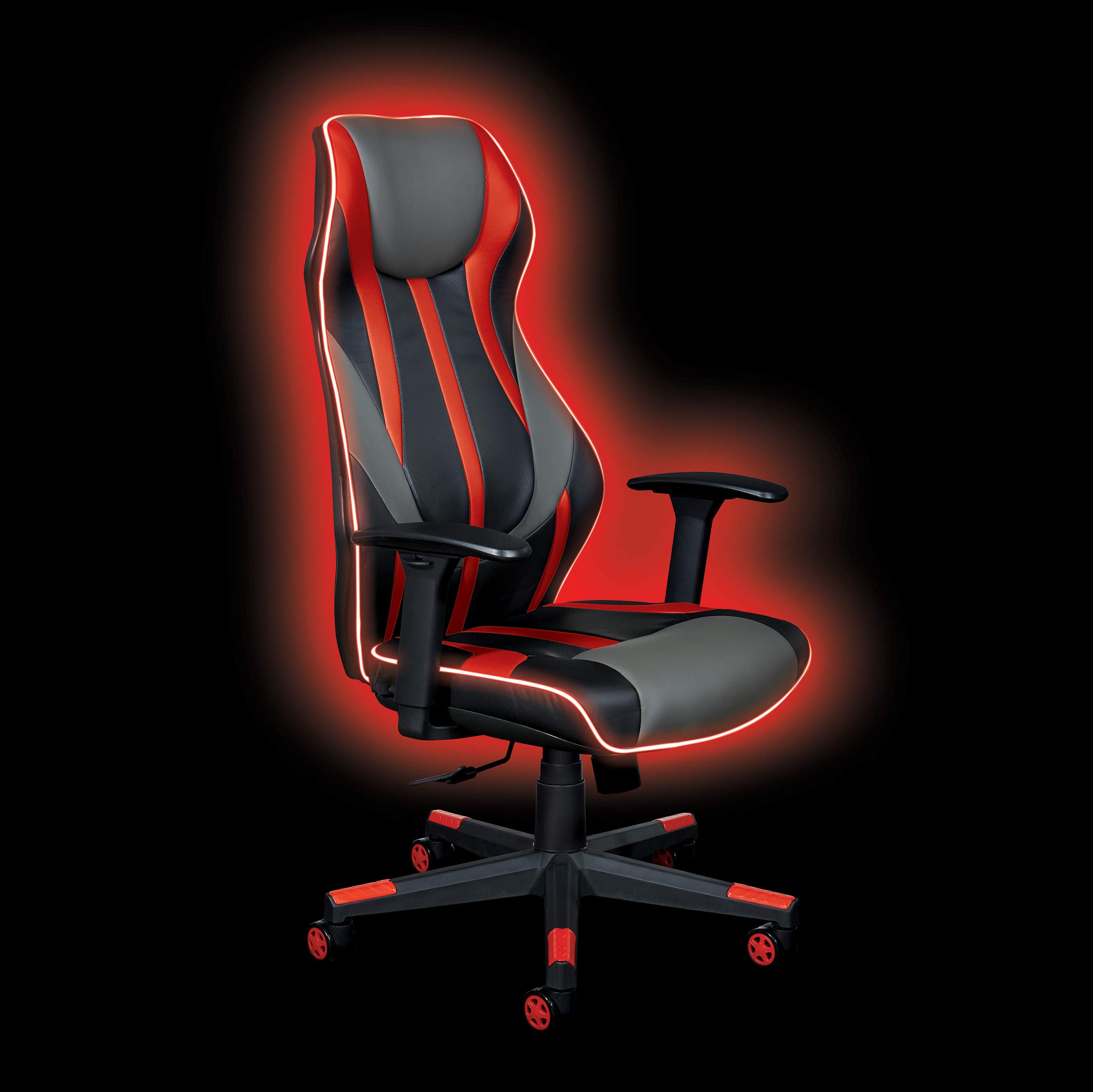 OSP Home Furnishings Gigabyte High-Back LED Lit Gaming Chair, Black Faux Leather with Red Trim and Accents