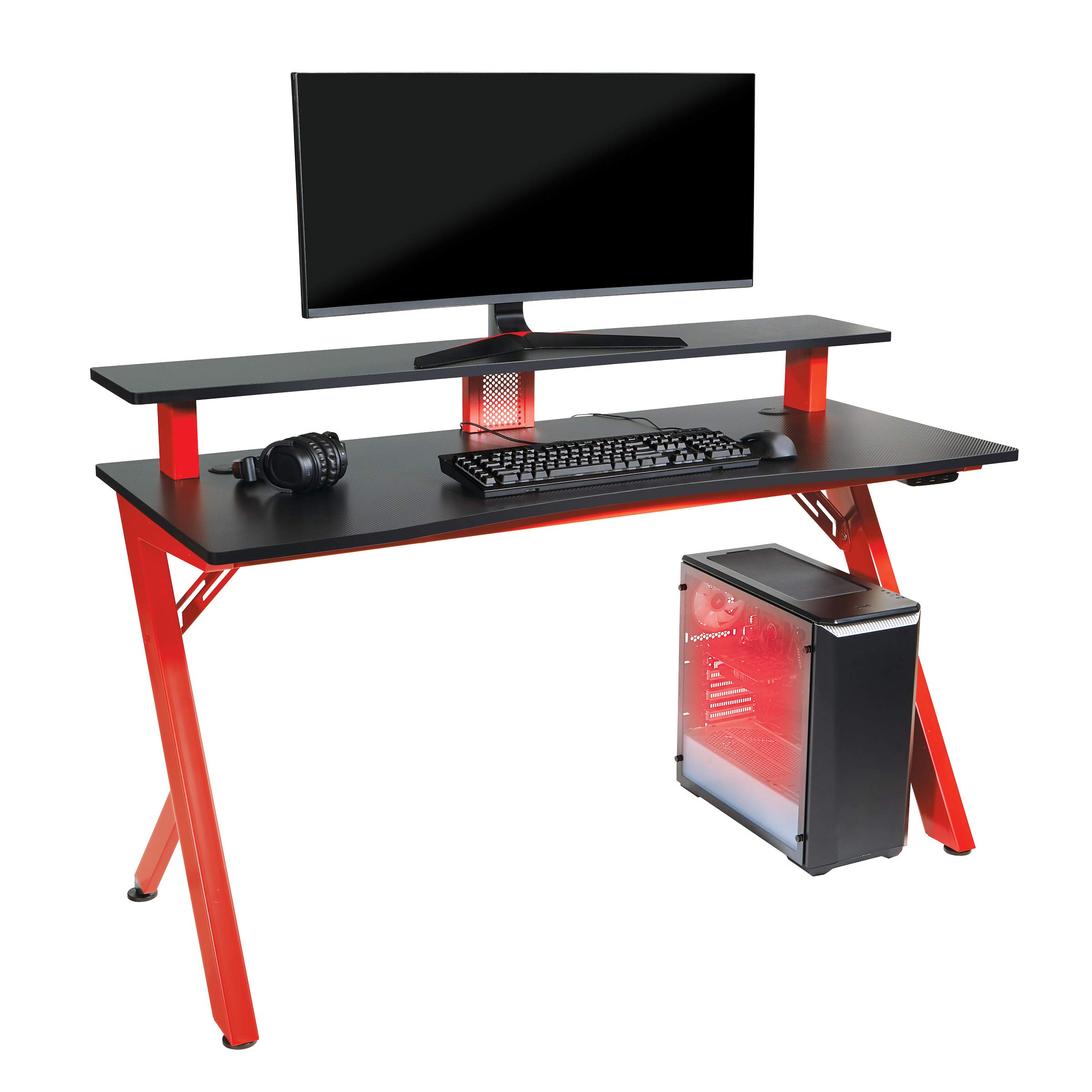 OSP Home Furnishings Area51 Battlestation Gaming Desk with Bluetooth RGB LED Lights, Red