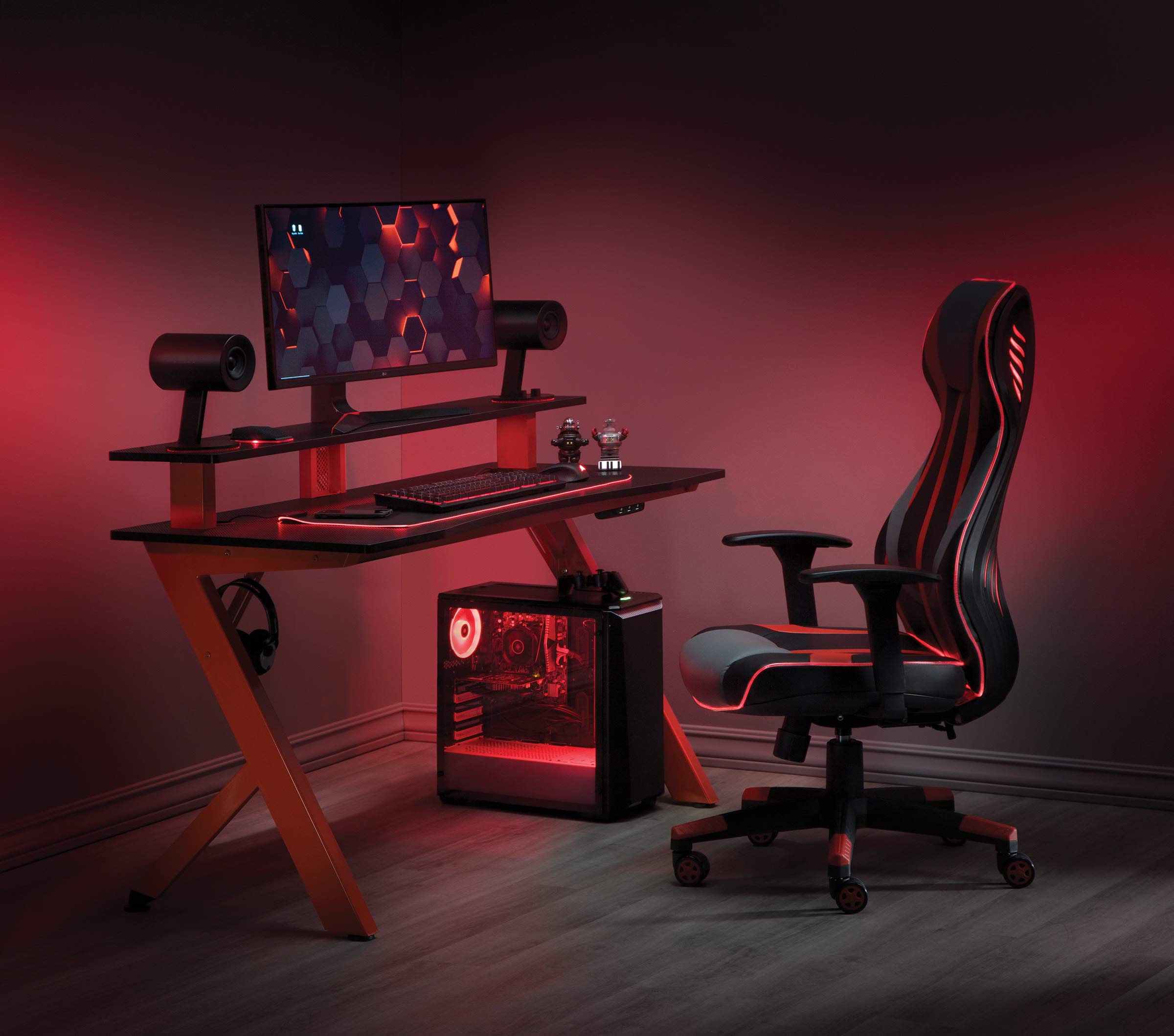 OSP Home Furnishings Area51 Battlestation Gaming Desk with Bluetooth RGB LED Lights, Red