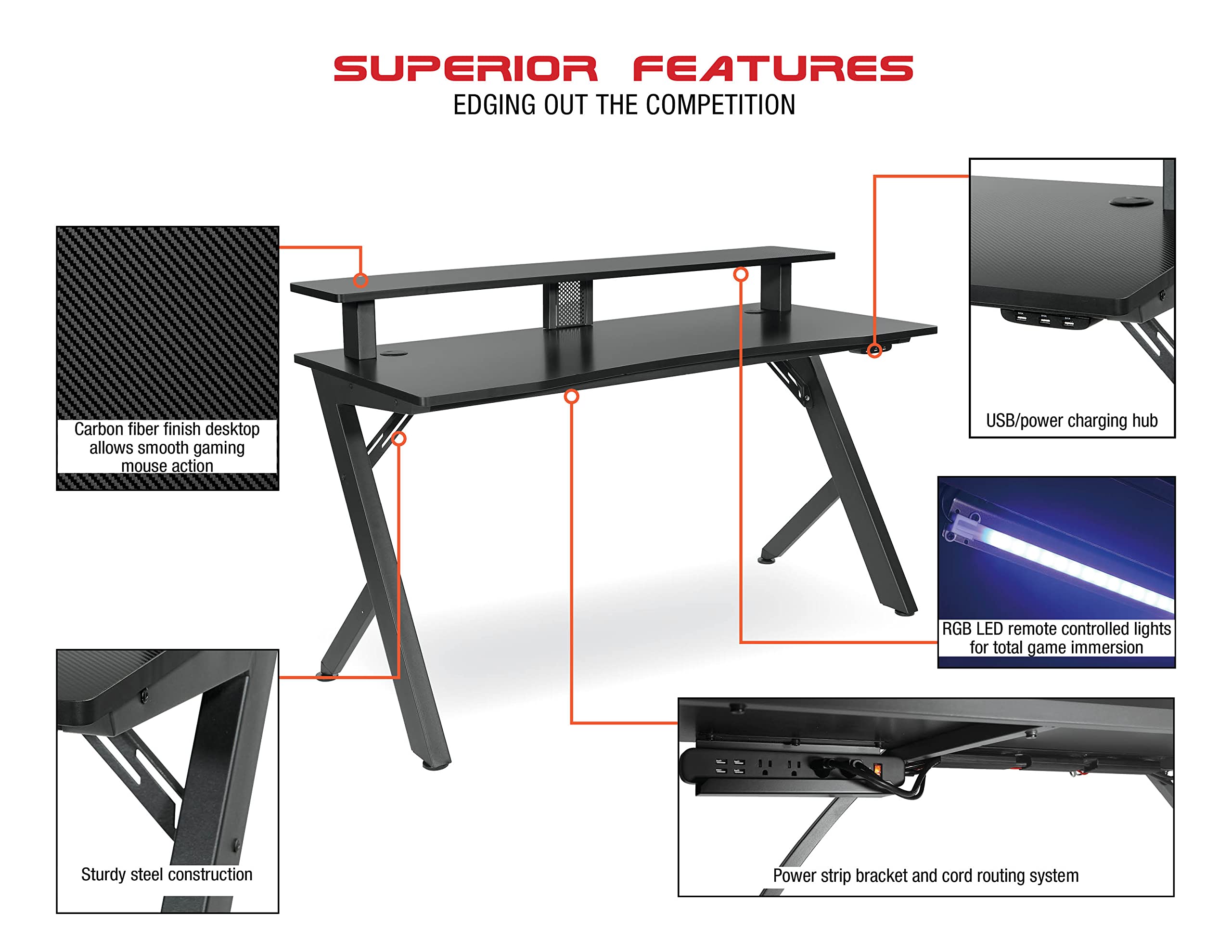 OSP Home Furnishings Area51 Battlestation Gaming Desk with Bluetooth RGB LED Lights, Red