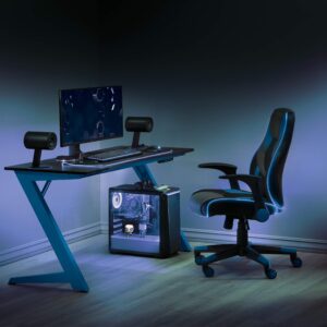 OSP Home Furnishings Beta Battlestation Gaming Desk with Bluetooth RGB LED Lights, Matte Blue