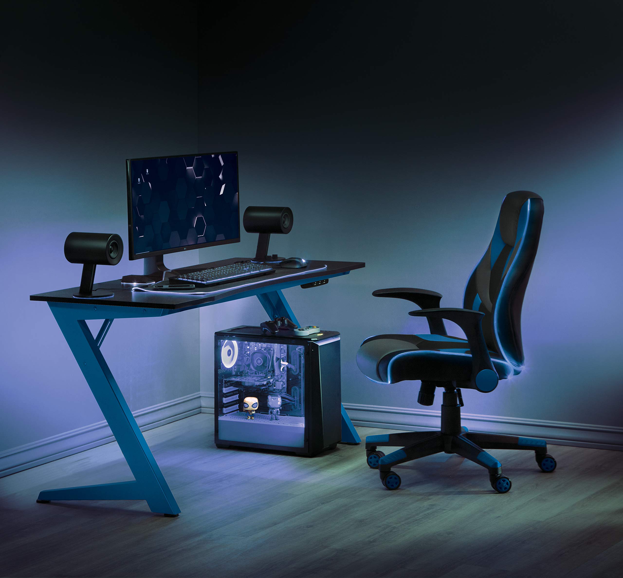 OSP Home Furnishings Beta Battlestation Gaming Desk with Bluetooth RGB LED Lights, Matte Blue