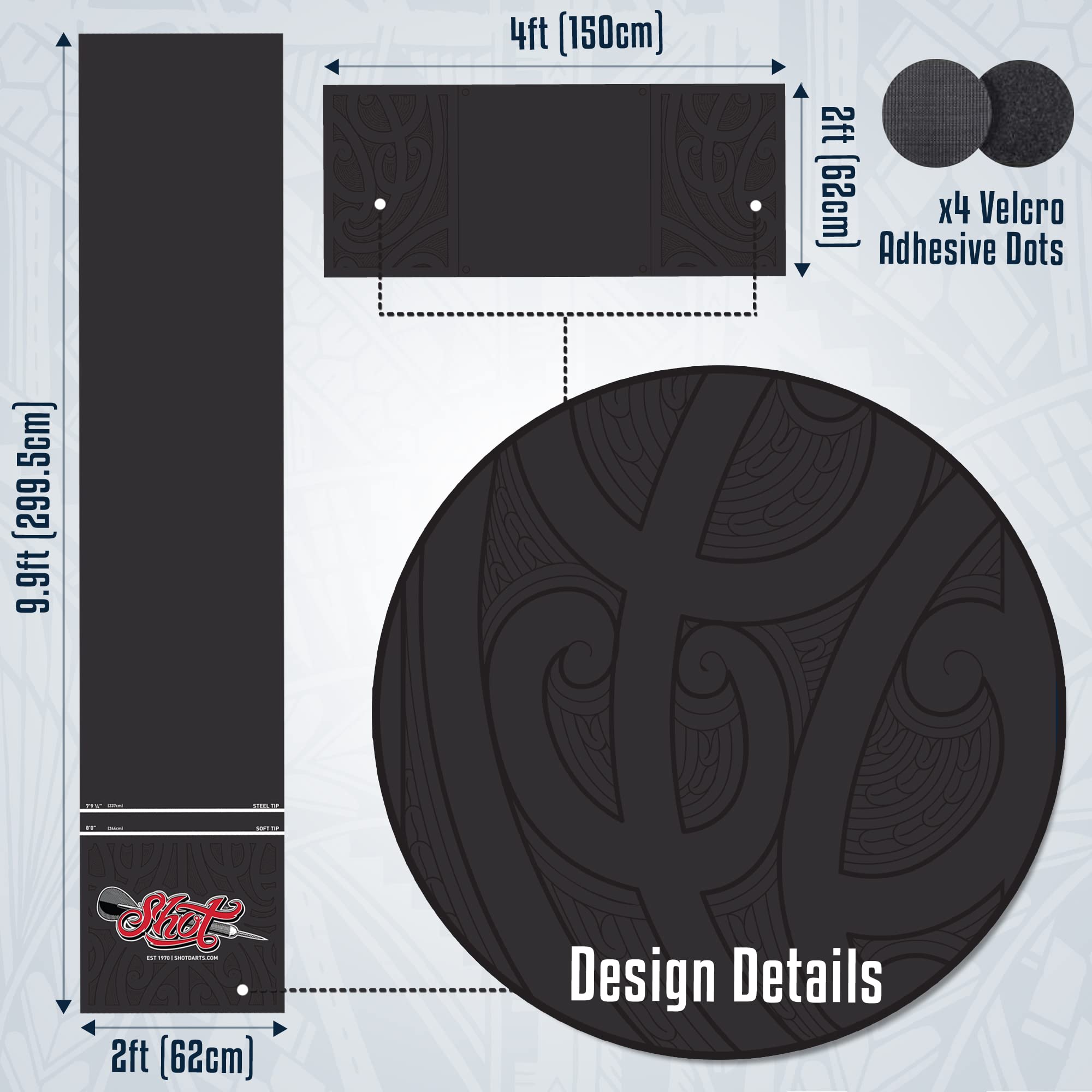 Shot Darts Heavy Duty Dart Mat, Professional T Dart Mat - Dart Points and Flooring Protector (8.7 kg), Made in New Zealand, Non-Curling & Shock Absorbing, Rubber Material, Black, (9ft 8" x 2ft 0")