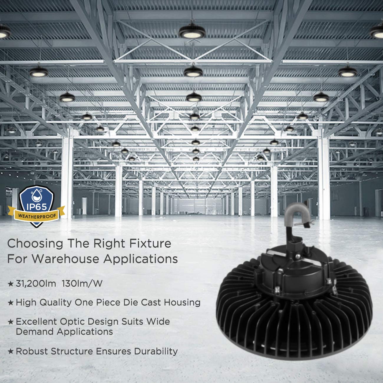 KOTLIN LED High Bay Light 240W 33,600LM 1-10V Dimmable 5000K UFO Garage LED Light 5' Cable with US Plug Hanging Hook Safe Rope 100-277V LED Shop Lights for Garage, Barn, Workshop, Warehouse, Factory