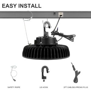 KOTLIN LED High Bay Light 240W 33,600LM 1-10V Dimmable 5000K UFO Garage LED Light 5' Cable with US Plug Hanging Hook Safe Rope 100-277V LED Shop Lights for Garage, Barn, Workshop, Warehouse, Factory