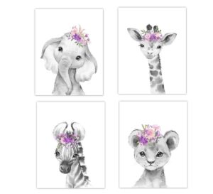 baby girl nursery wall art floral safari animals elephant giraffe lion zebra room decor 4 unframed prints