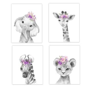 Baby Girl Nursery Wall Art Floral Safari Animals Elephant Giraffe Lion Zebra Room Decor 4 UNFRAMED PRINTS