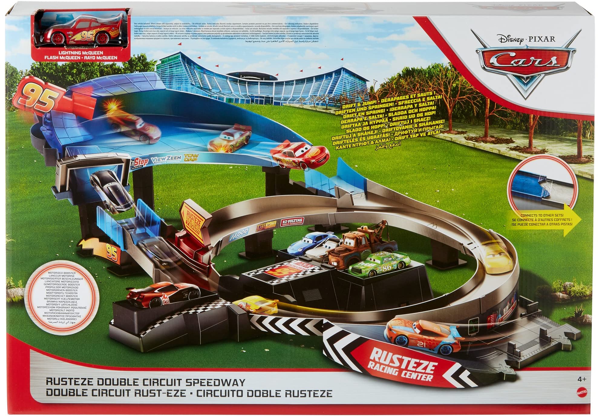 Disney Car Toys Rust-Eze Double Circuit Speedway Playset Test Track Set For Drift, Race and Crash Competitions, With Lightning McQueen Vehicle, Kids Birthday Gift For Ages 4 Years and Older