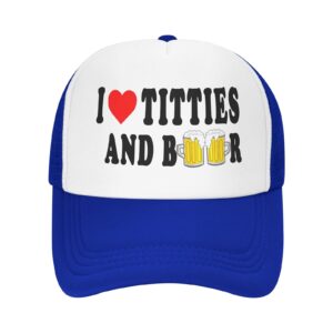 nvjui jufopl funny trucker hat, i heart titties and beer - adjustable mesh baseball cap for men & women blue