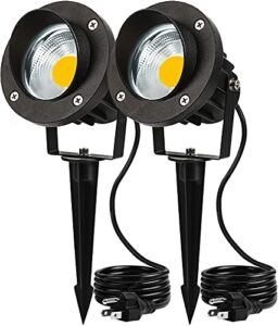 sunvie 20w outdoor spotlight led landscape lighting 120v ac waterproof yard spot lights outdoor with stake for tree flag lights 3000k ultra warm white lawn decorative lamp with us 3-plug in (2 pack)