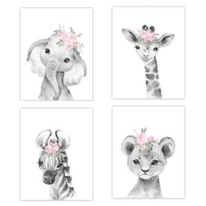 Baby Girl Nursery Wall Art Pink Floral Safari Animals Elephant Giraffe Lion Zebra Room Decor 4 UNFRAMED PRINTS