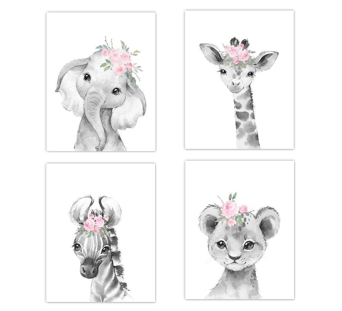 Baby Girl Nursery Wall Art Pink Floral Safari Animals Elephant Giraffe Lion Zebra Room Decor 4 UNFRAMED PRINTS