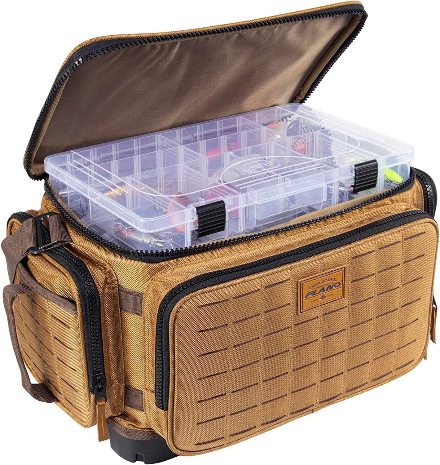 Plano Guide Series 3700 Tackle Bag, Large, Beige 1680 Denier Fabric with Waterproof Base, Includes 6 StowAway Utility Boxes, Premium Fishing Storage for Baits & Lures