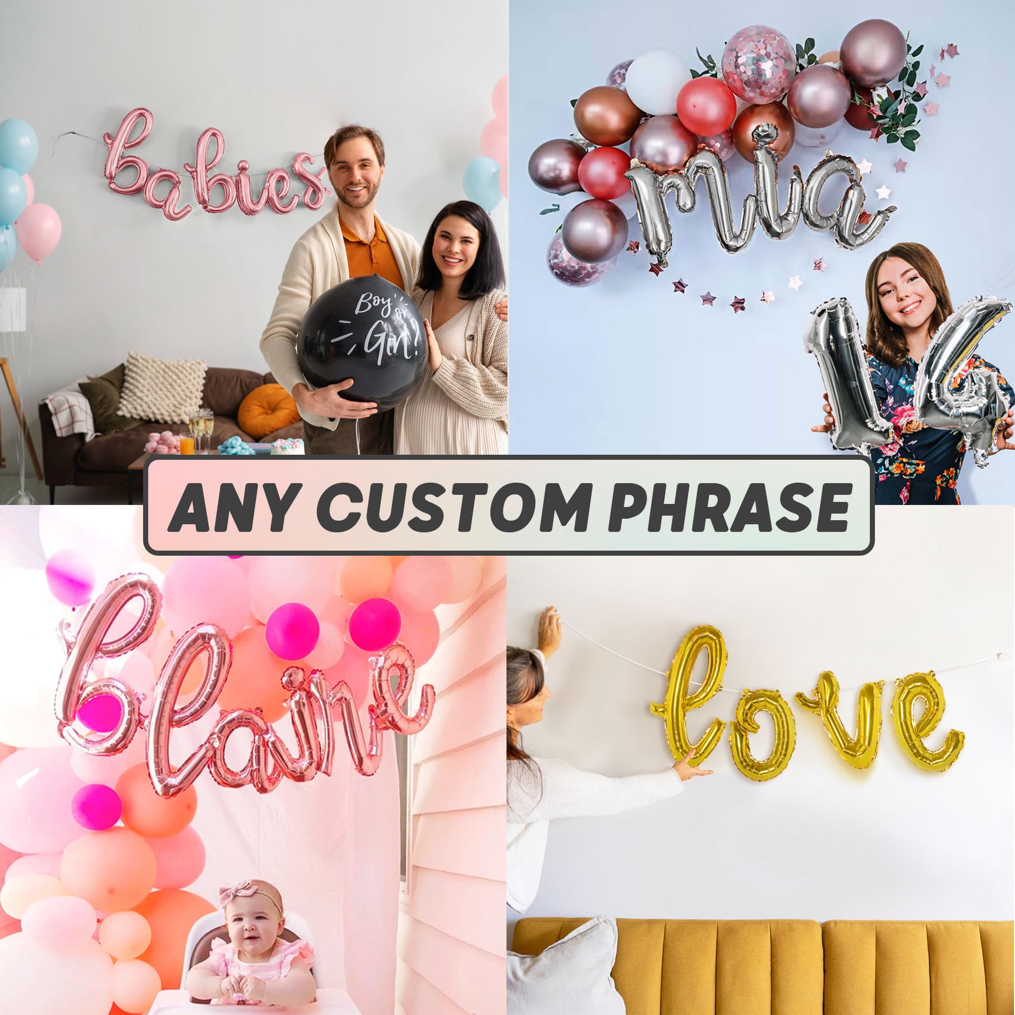 Gala Supplies Cursive Script Letter Balloons - Custom Rose Gold Silver Gold Balloon Letters for Birthday/Baby Shower - Personalized a Phrase/Word/Banner/Name - 16in Alphabet Foil Mylar Air Filled