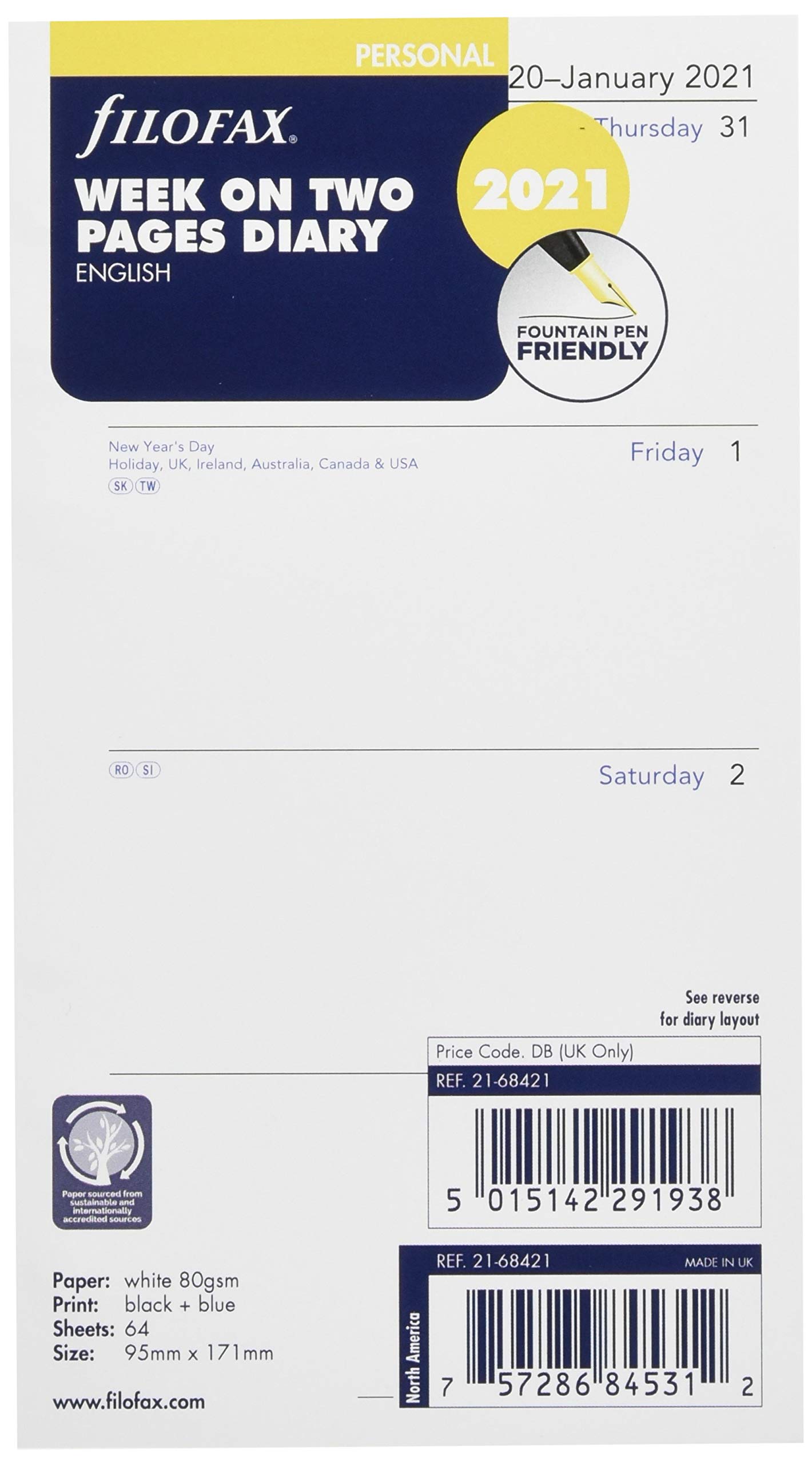 Filofax Personal Week on two pages English 2021 diary