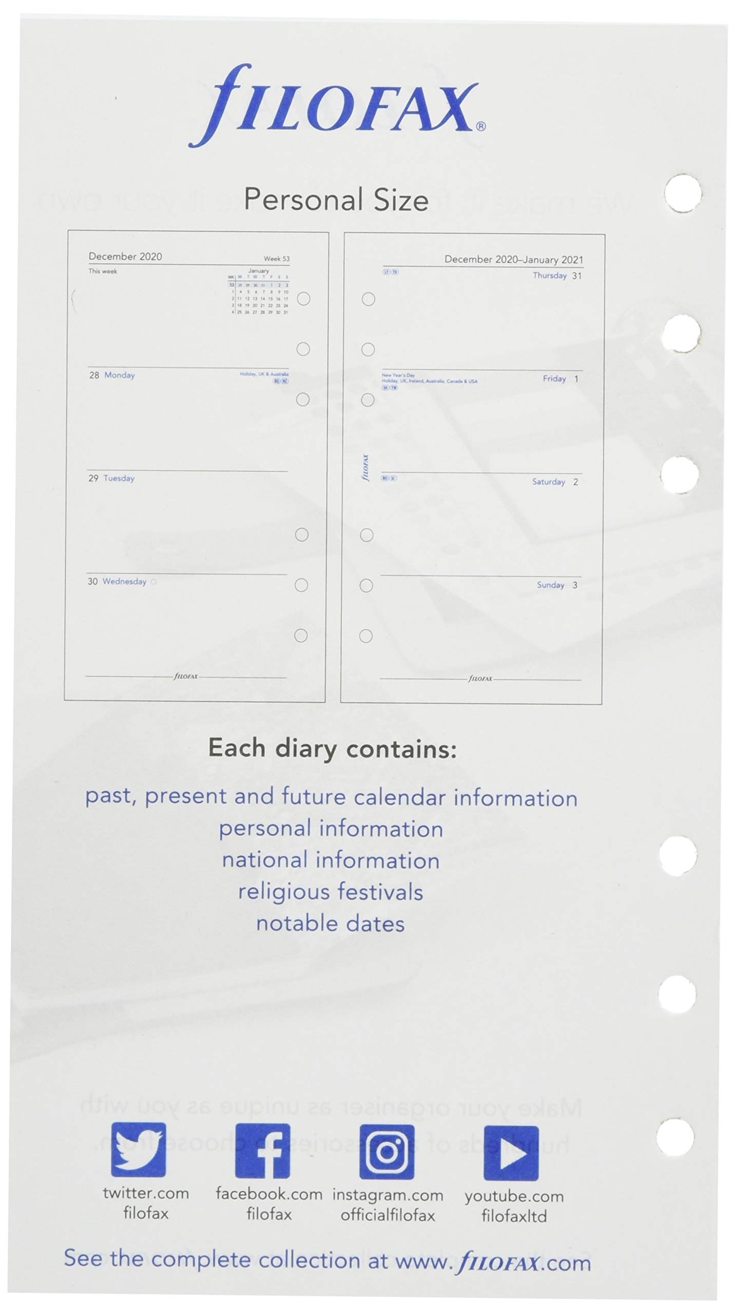 Filofax Personal Week on two pages English 2021 diary