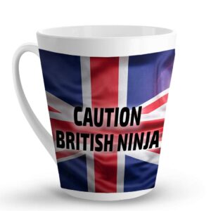 makoroni - caution british ninja british, england, united kingdom flag - 12 oz. unique ceramic coffee cup, latte mug