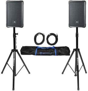 jbl irx112bt 12" 1300 watt powered active dj portable pa speaker w/bluetooth bundle with pair of rockville adjustable tripod speaker/light stands with (2) 20 foot xlr cables