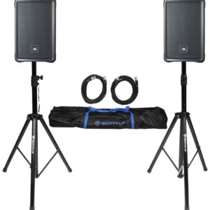 JBL IRX112BT 12" 1300 Watt Powered Active DJ Portable PA Speaker w/Bluetooth Bundle with Pair of Rockville Adjustable Tripod Speaker/Light Stands with (2) 20 Foot XLR Cables