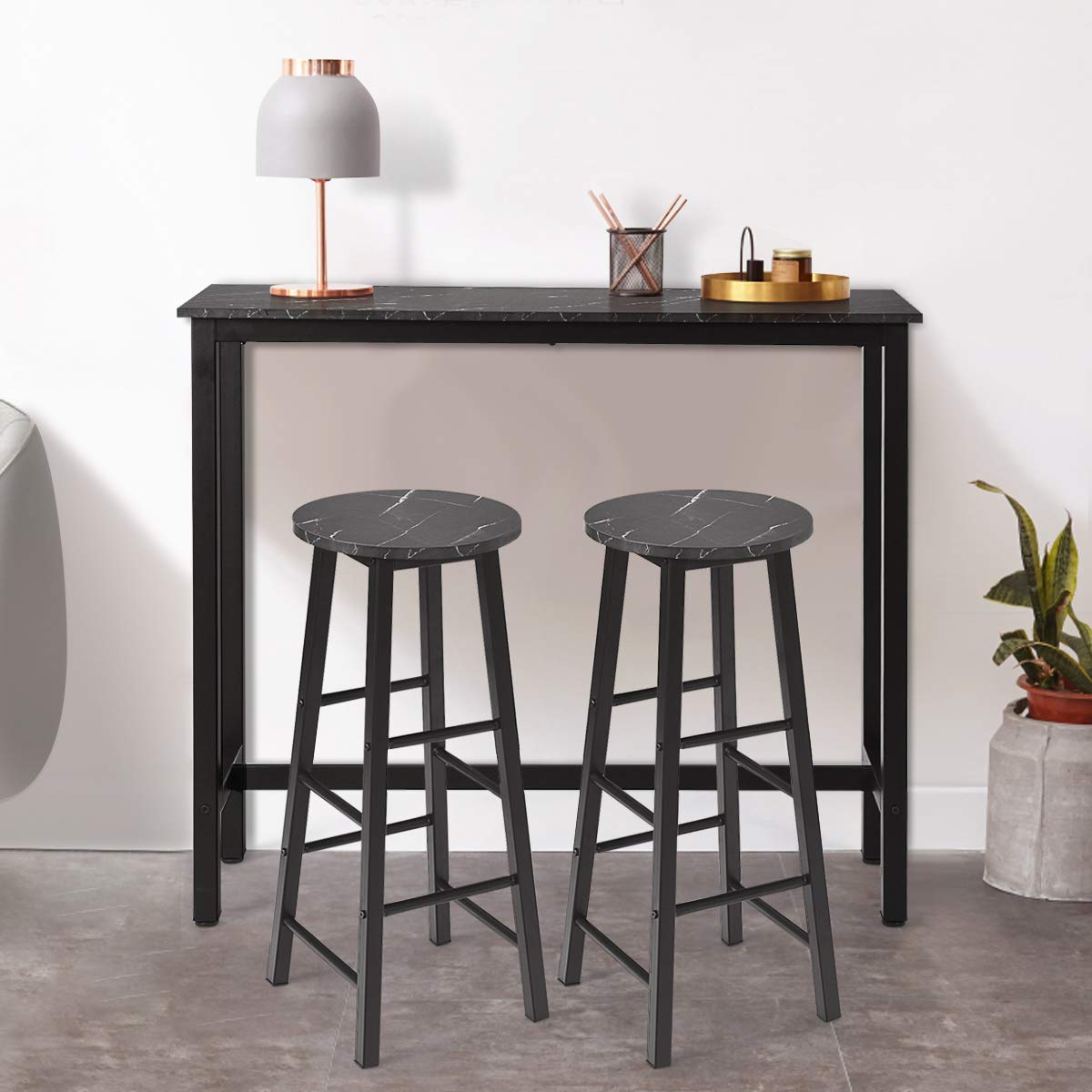 COSTWAY 47” Bar Table with Metal Frame & Faux Marble Top, Industrial Bar Height Table for Small Space, Multifunctional Pub Dinning Desk for Dining Room Living Room Bar (Black)