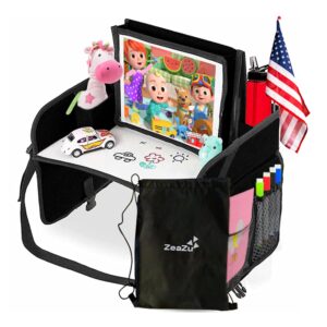 kids travel tray with bag - toddler car seat tray, foldable lap travel table desk with ipad holder, drawing board, storage pocket organizer for child road trip, car stroller, airplane - pink